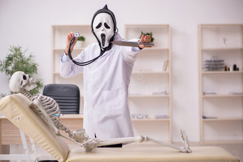 Devil Doctor Examining Skeleton Patient Stock Image - Image of bloody ...