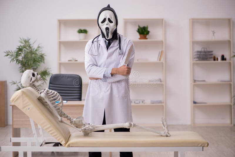Devil Doctor Examining Skeleton Patient Stock Image - Image of demon ...