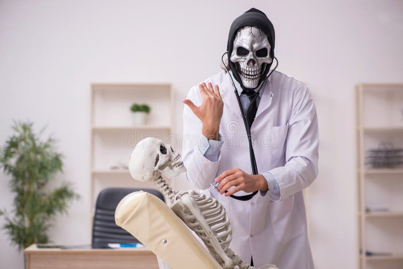 Devil Doctor Examining Skeleton Patient Stock Image - Image of demon ...
