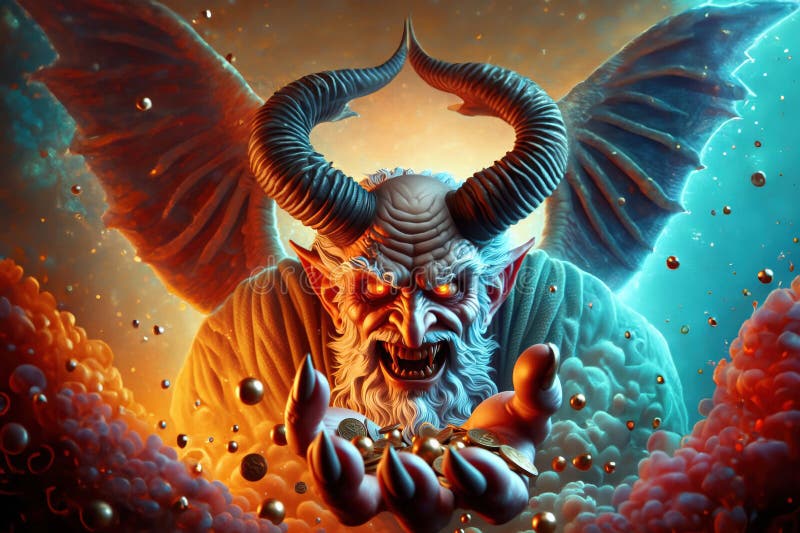 A Devil with an Evil Face Holds a Large Amount of Banknotes in His Hand ...
