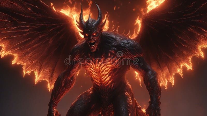 Devil in Fire _A Winged Demon with Fire that Covers Its Body Stock ...