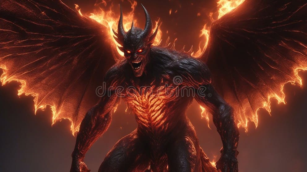 Devil in Fire _A Winged Demon with Fire that Covers Its Body Stock ...