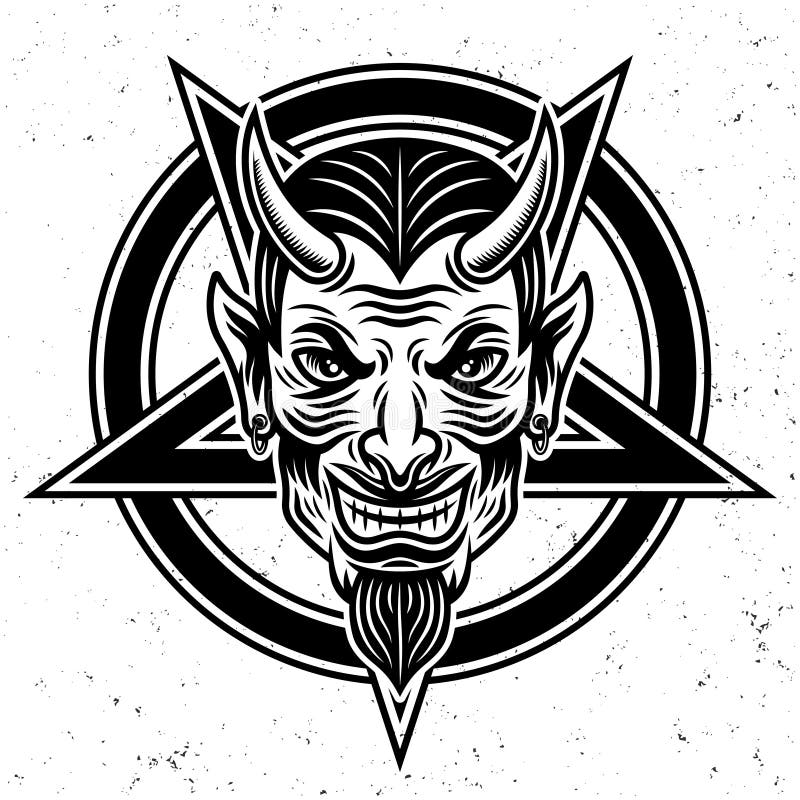 Devil Head and Pentagram Star Vector Illustration in Monochrome Style ...