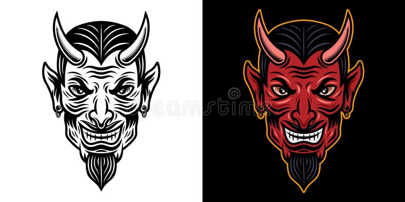 Devil Head in Two Styles Black on White and Colorful on Dark Background ...