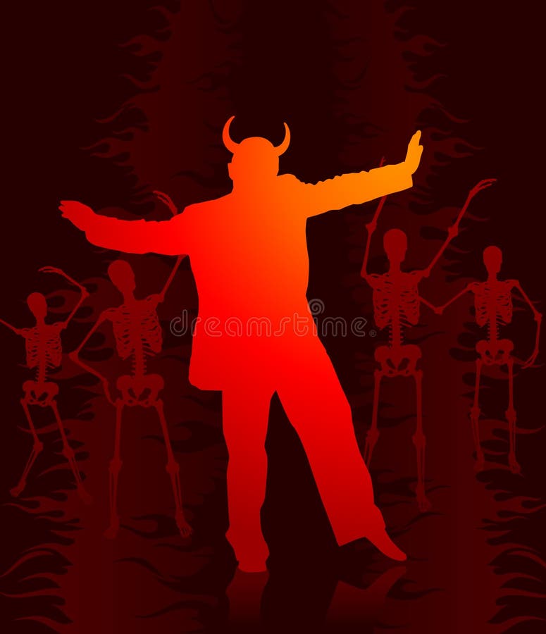 Devil Man Dancing in Hell with Fire and Skeletons Stock Illustration ...