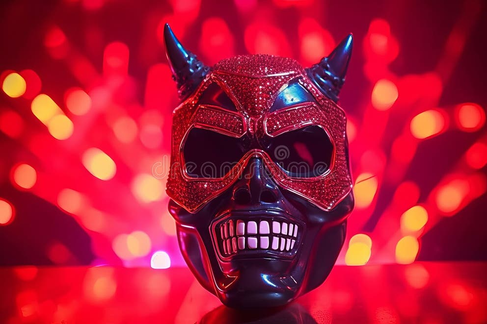 A Devil Mask on a Table with Red Lights in the Background Stock ...