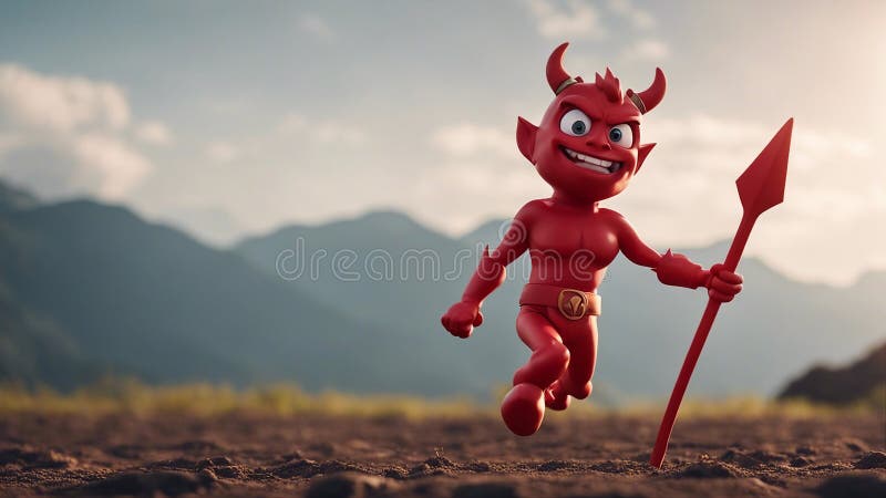 Devil in the Plains Red Devil with Trident in Cartoon Style Running on ...
