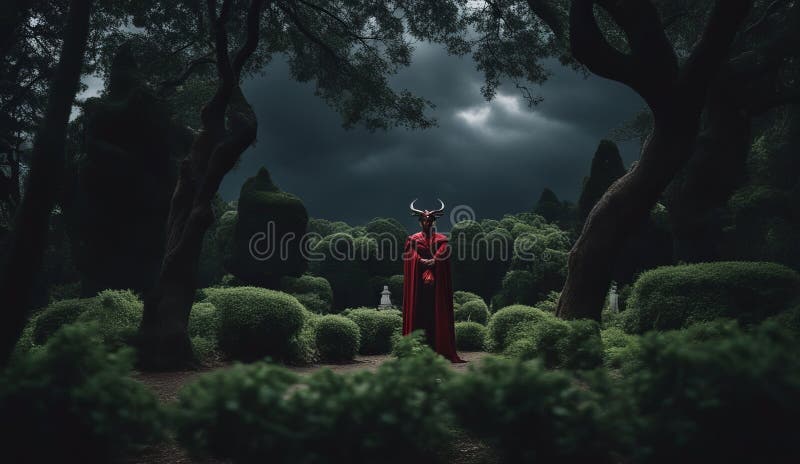 Devil in Red Cloak with Sword in the Forest. Halloween Concept Stock ...