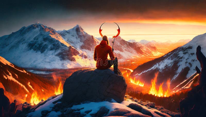 Devil Sitting on Snowy Rocks with Fire Stock Illustration ...