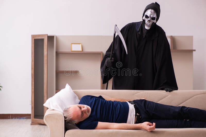 Devil Visting Old Dying Man at Home Stock Photo - Image of skeleton ...