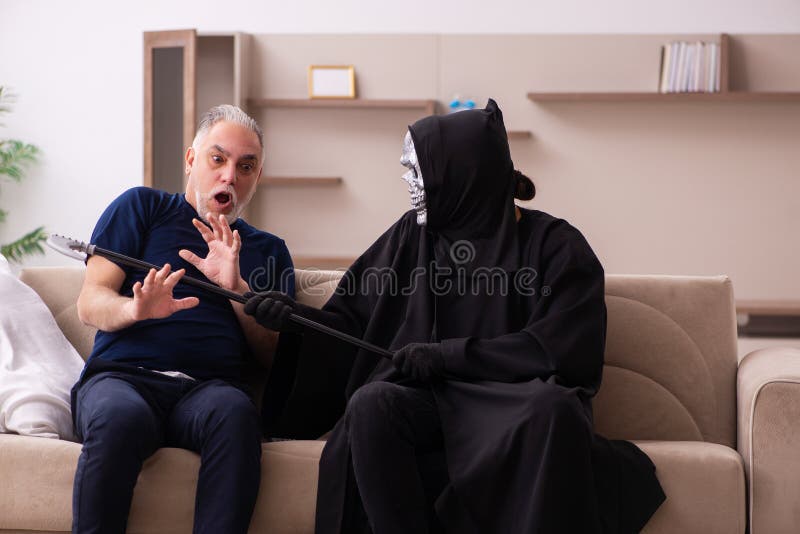 Devil Visting Old Dying Man at Home Stock Photo - Image of hood, blade ...