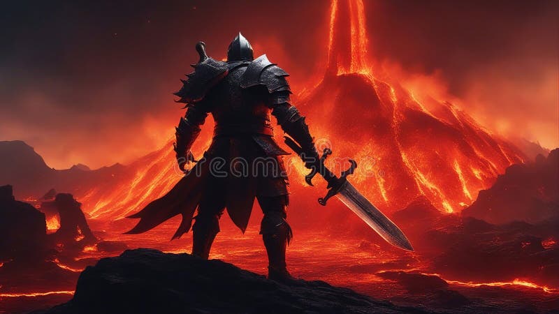 Devil in the Woods Demon Knight with a Sword Facing the Lava in Hell ...