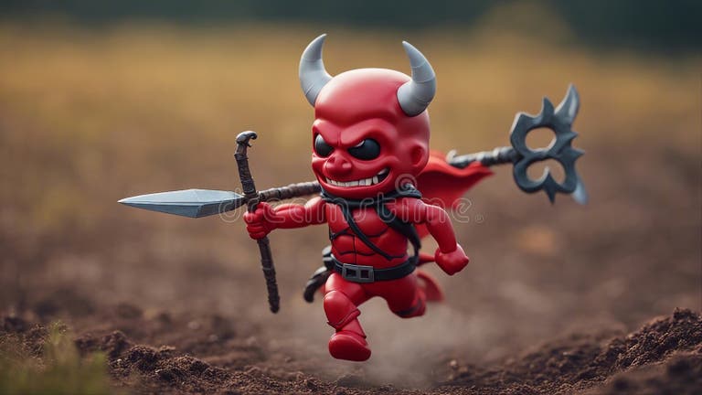 Devil in the Woods Red Dragon Devil with Trident in Cartoon Style ...