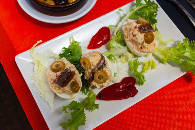 Deviled Eggs with Olives. Stuffed Egg Halves Stock Image - Image of ...