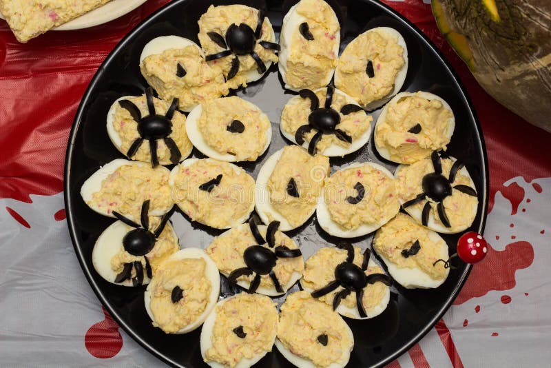 Deviled Eggs with a Spider for Halloween Party Stock Image - Image of ...