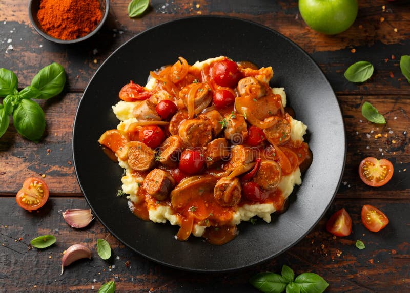 Devilled Sausages with Mashed Potato, Spiced Tomato and Apple Sauce ...