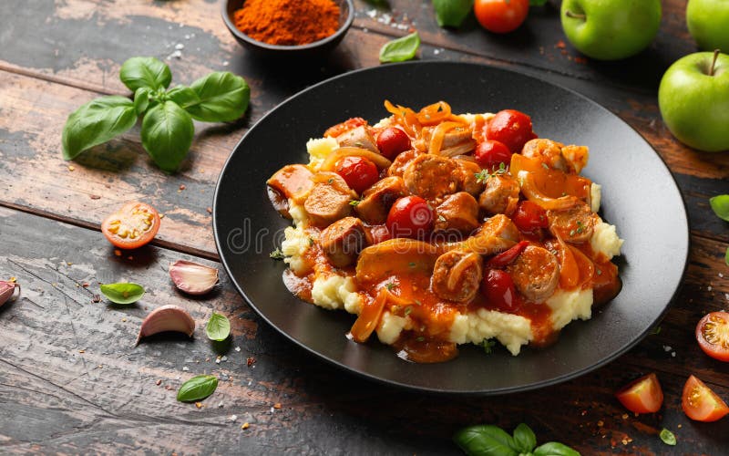 Devilled Sausages with Mashed Potato, Spiced Tomato and Apple Sauce ...