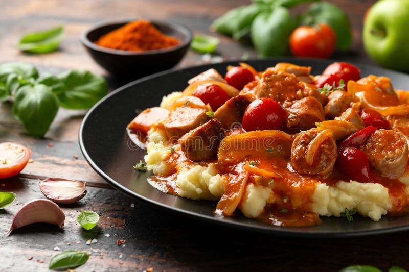 Devilled Sausages with Mashed Potato, Spiced Tomato and Apple Sauce ...
