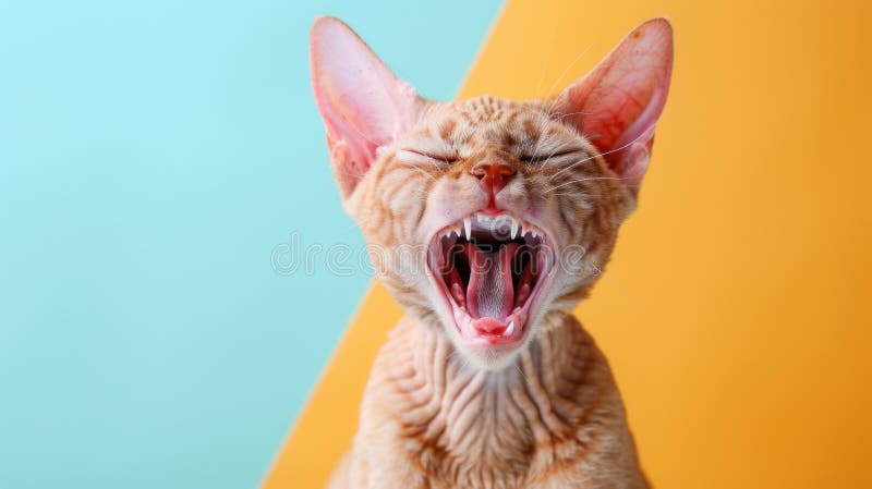 Devon Rex, Angry Cat Baring Its Teeth, Studio Lighting Pastel ...