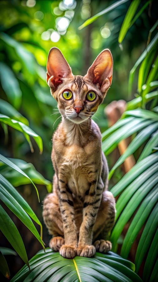 Devon Rex cat sits jungle stock illustration. Illustration of symbol ...