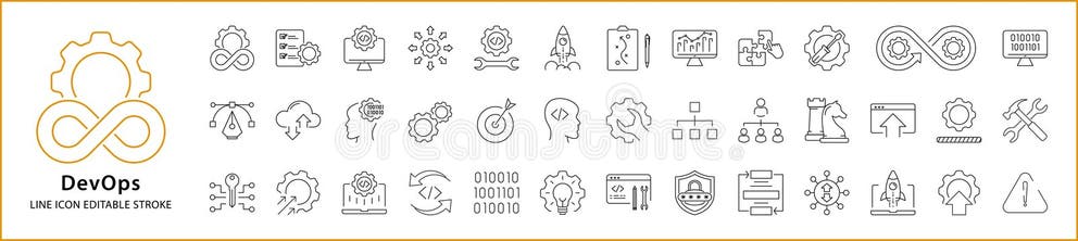 Devops Icon Set in Line Style with Editable Stroke Stock Illustration ...