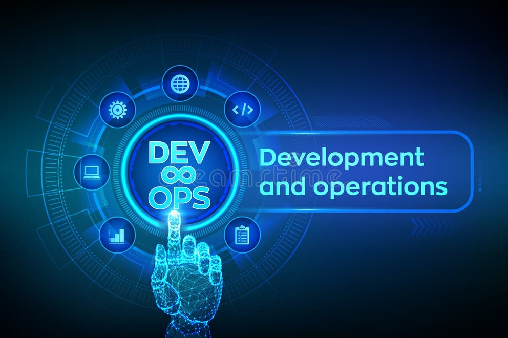 Devops. Agile Development and Optimisation Concept on Virtual Screen. Software Engineering Stock ...