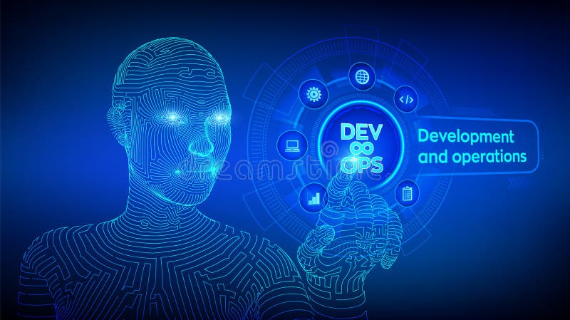 Devops. Agile Development and Optimisation Concept on Virtual Screen. Software Engineering Stock ...