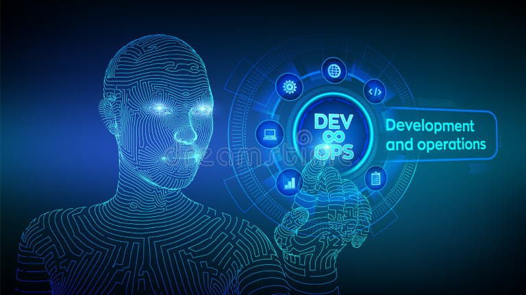 Devops. Agile Development and Optimisation Concept on Virtual Screen. Software Engineering Stock ...