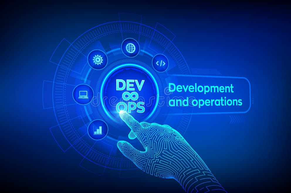 Devops. Agile Development and Optimisation Concept on Virtual Screen. Software Engineering Stock ...