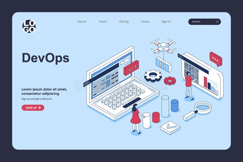 DevOps Concept in 3d Isometric Design for Landing Page Template. People Implementing Agile ...