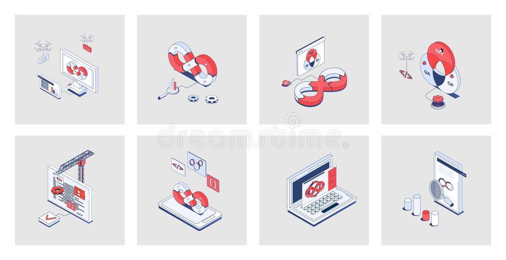 Devops Concept Of Isometric Icons In 3d Isometry Design For Web Stock Vector Illustration Of