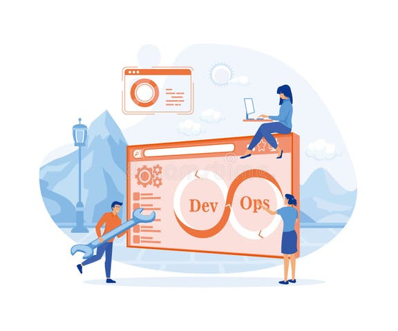 DevOps Concept Tiny Programmers Practice Development and Software . Stock Vector - Illustration ...