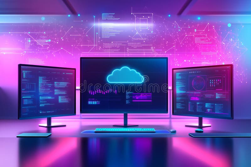 DevOps Team Monitors Cloud Based Deployment Using Multiple Screens with Vibrant Digital ...