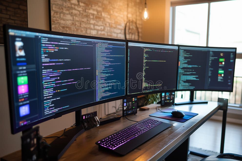 Devops Team Monitors Cloud Deployment Progress Using Multiple Screens In A Modern Workspace
