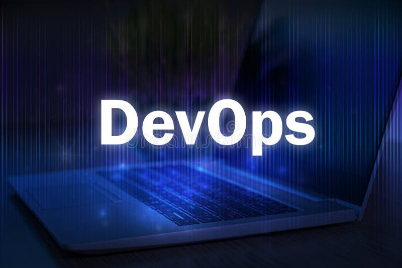 DevOps Text on Blue Technology Background with Laptop. DevOps Combines ...