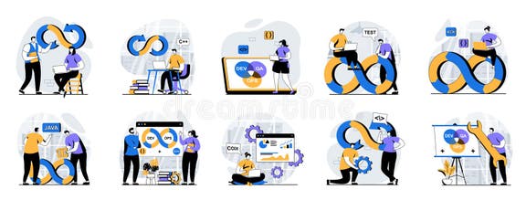 DevOps Web Concept with People Scenes Mega Set in Flat Design. Bundle of Character Situations ...
