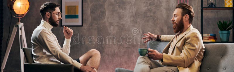 Devoted Men with Beards in Elegant Stock Image - Image of podcast ...