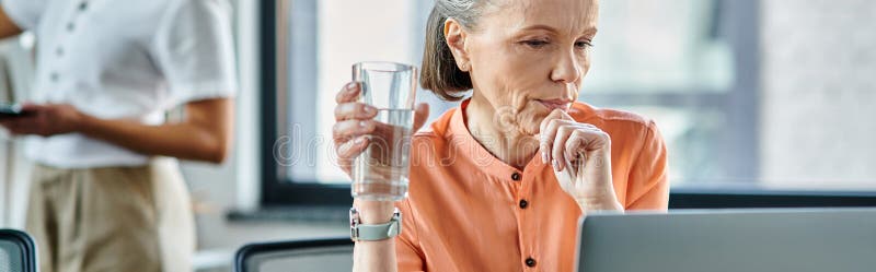 Devoted Woman Focused on Her Laptop Stock Image - Image of drink ...