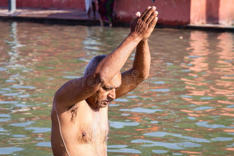Devotee Praying after Bathing in Holy River Water at Morning from Flat ...