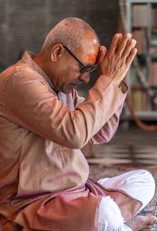 Devotee Praying for Holy God at Temple at Morning from Flat Angle Stock ...
