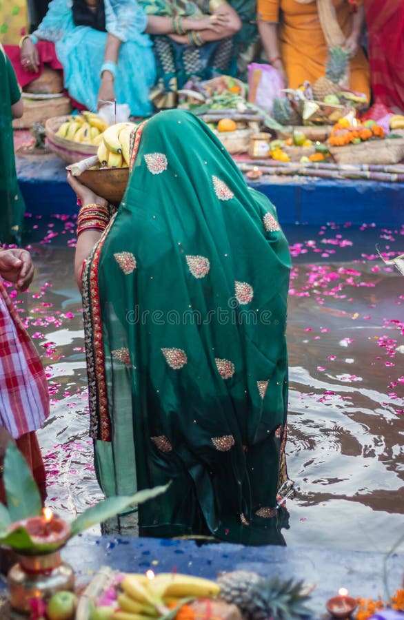Devotee Praying with Religious Offerings for Sun God in Chhath Festival ...
