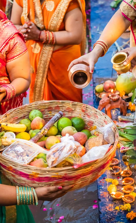 Devotee Praying with Religious Offerings for Sun God in Chhath Festival ...