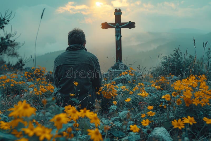 Devout Catholic Man Praying before Crucifix on Hill, Seeking Divine ...