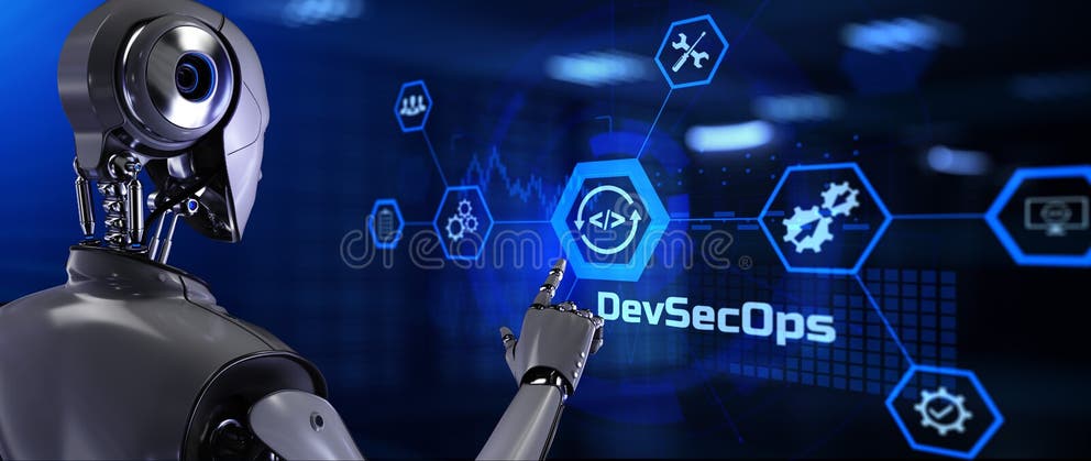 DevSecOps Programming Software Development Concept. Robot Pressing Button on Screen 3d Render ...