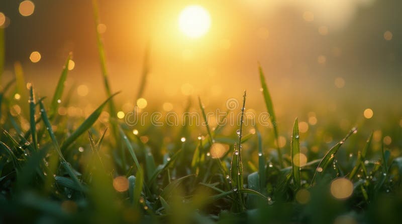 Dew Covered Grass Blades Sunrise Golden Light Bokeh Effect Stock Photos ...