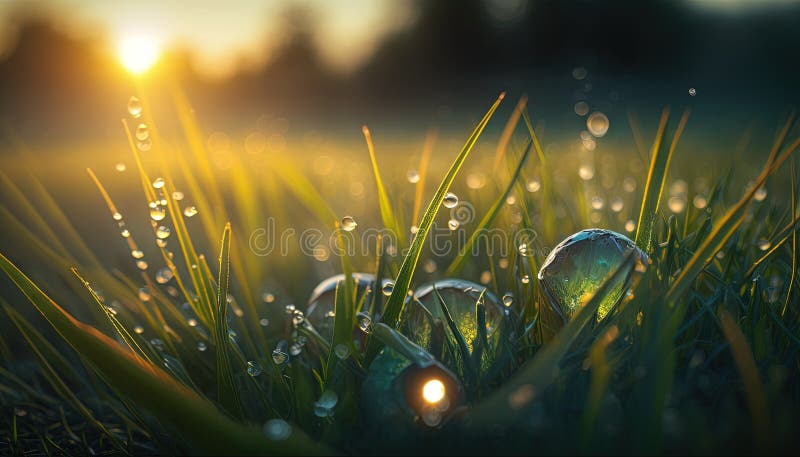 Dew Covered Grass with the Sun Shining in the Background and Dewdrops ...