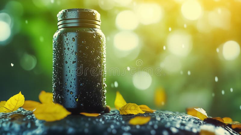 Dew-covered Jar Rests on a Rock, Surrounded by Fallen Leaves, As Rain ...