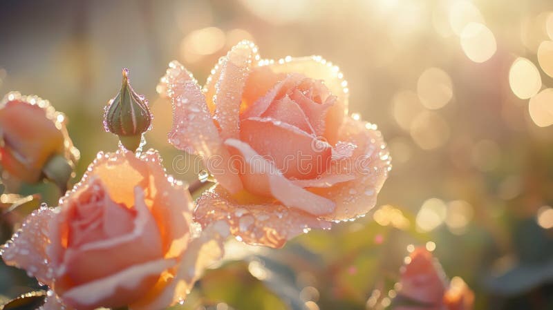Dew-Covered Peach Roses in Soft Sunlight Stock Illustration ...