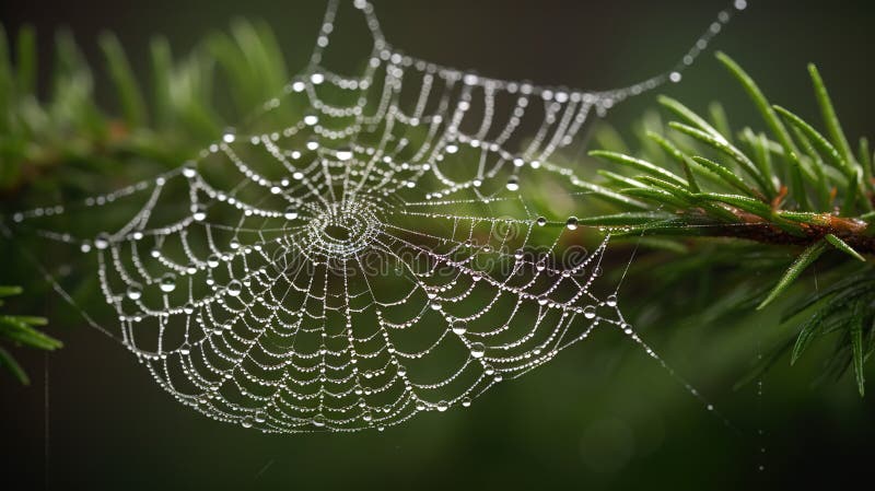 A Dew Covered Spider Web Hanging from a Pine Tree Branch Stock ...