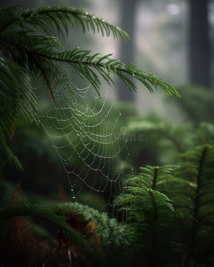 Dew Covered Spider Web Woven In A Misty Forest During Morning Light